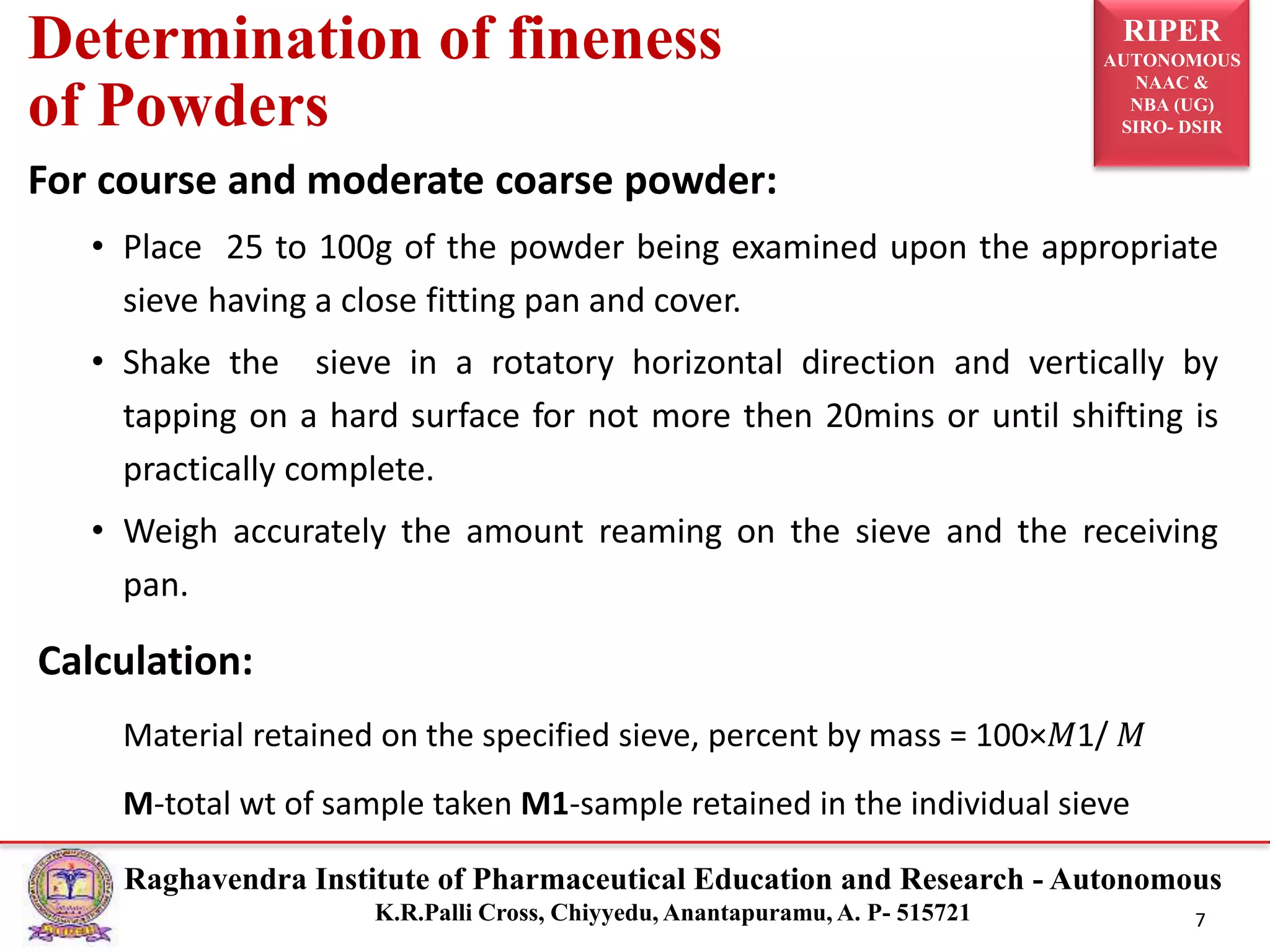 Determination of heavy metals, fineness of powder, density and moisture ...