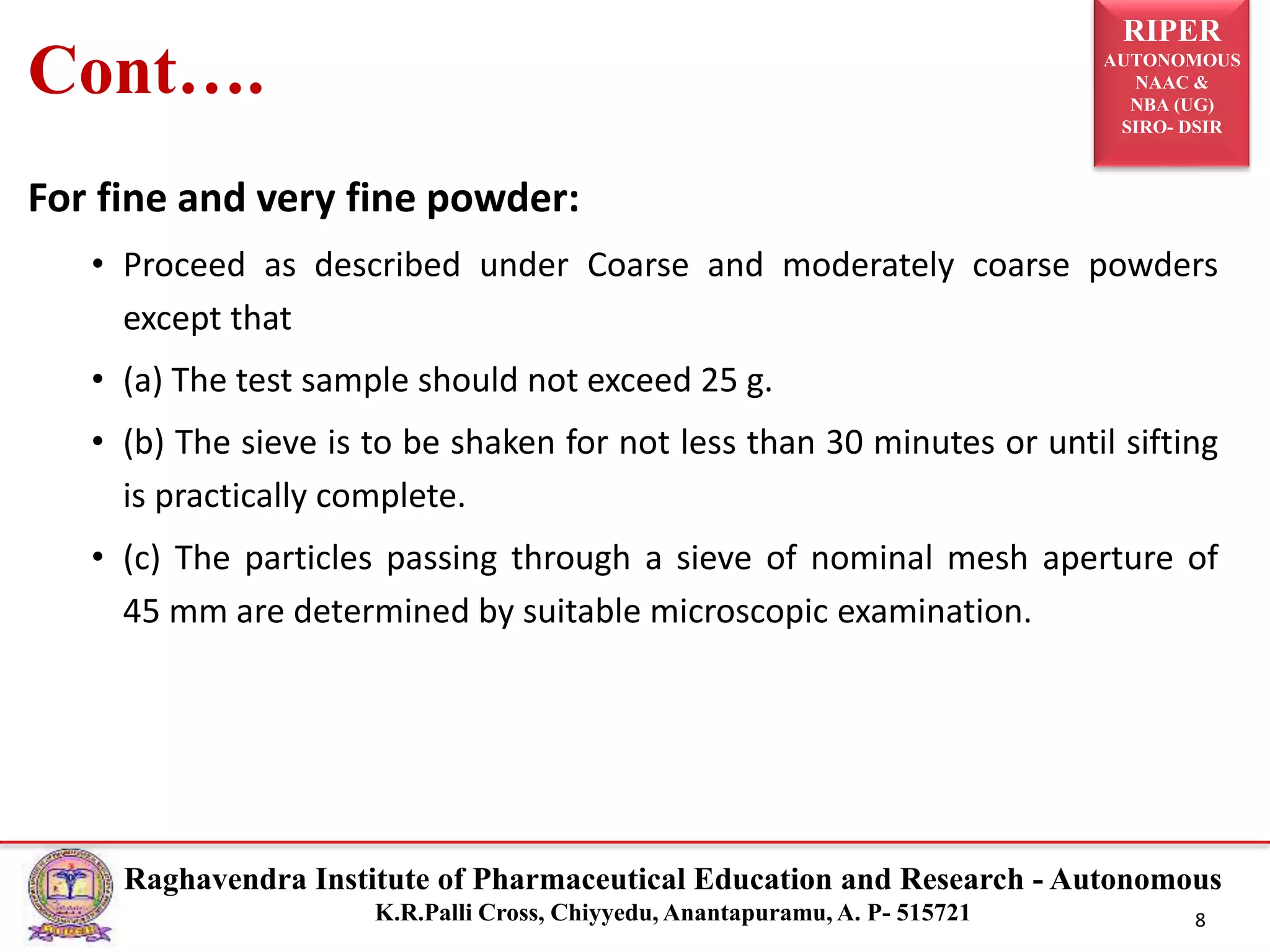 Determination of heavy metals, fineness of powder, density and moisture ...
