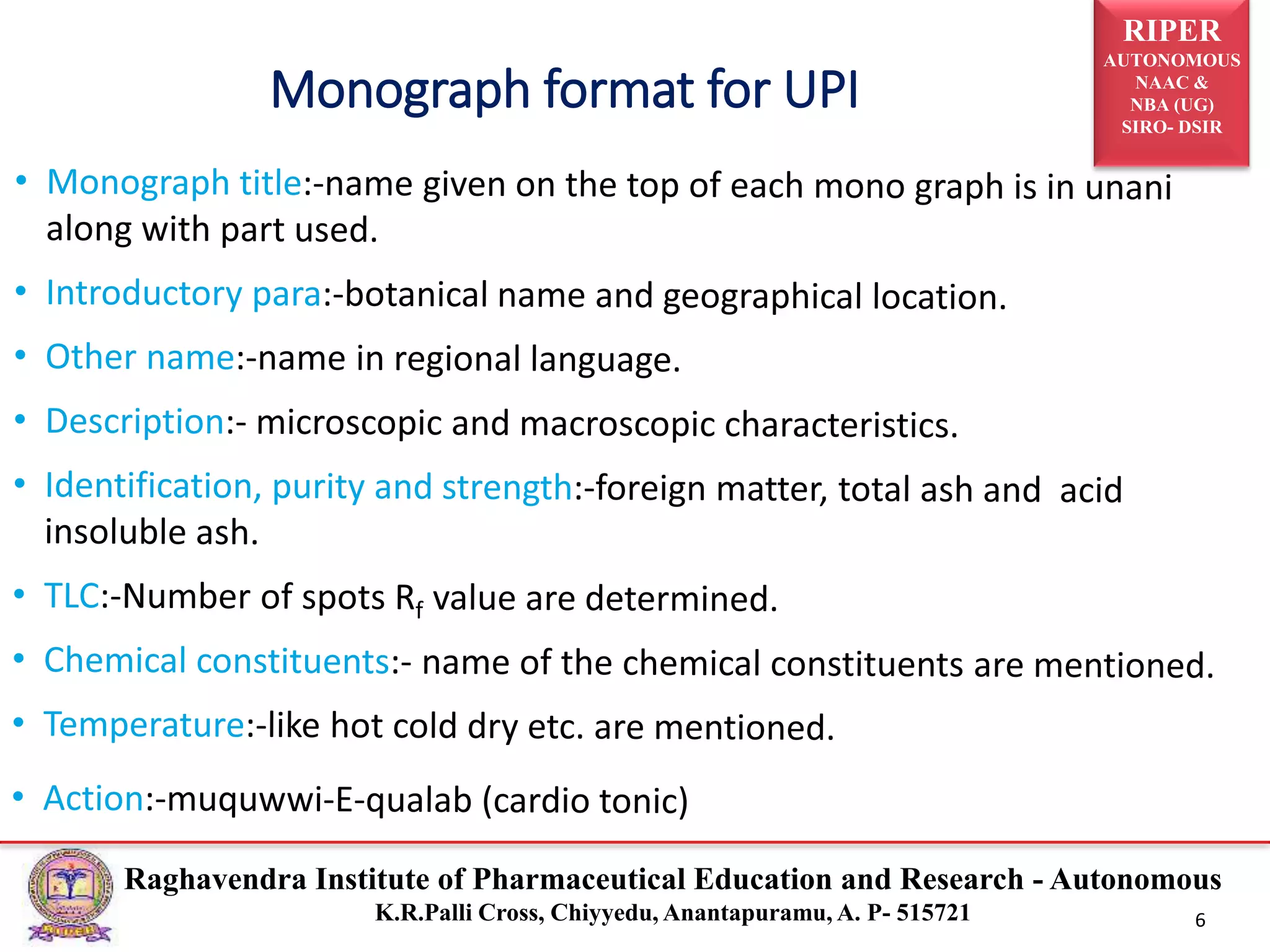 Monographs of herbal drugs: Siddha and Unani pharmacopeia | PPTX