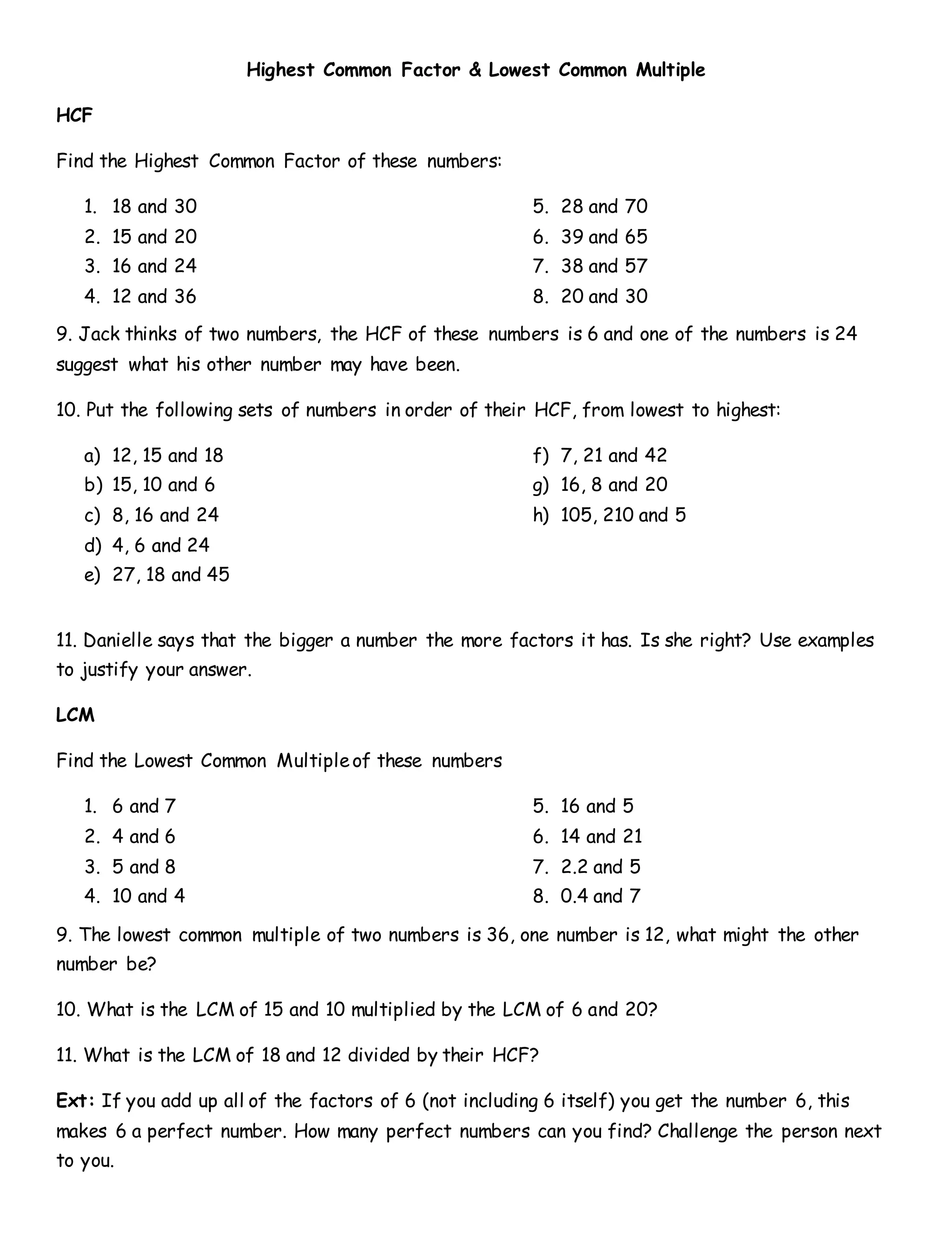 Hcf & lcm worksheet | DOCX