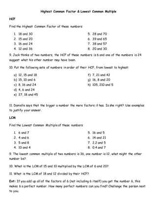 Hcf & lcm worksheet | DOCX