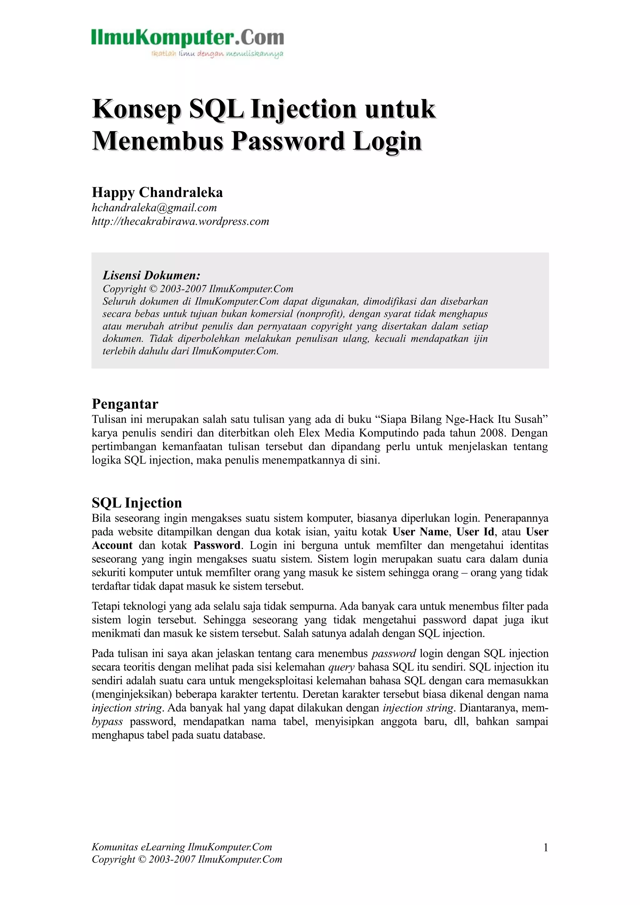 Hchandraleka konsep-sql-injection-menembus-login | PDF