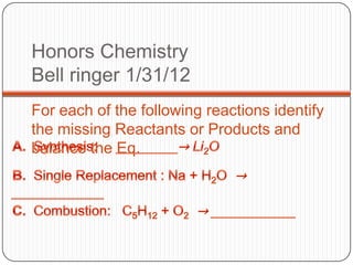 Hchem bell ringers 1 30 to 2-17 | PPTX | Chemistry | Science