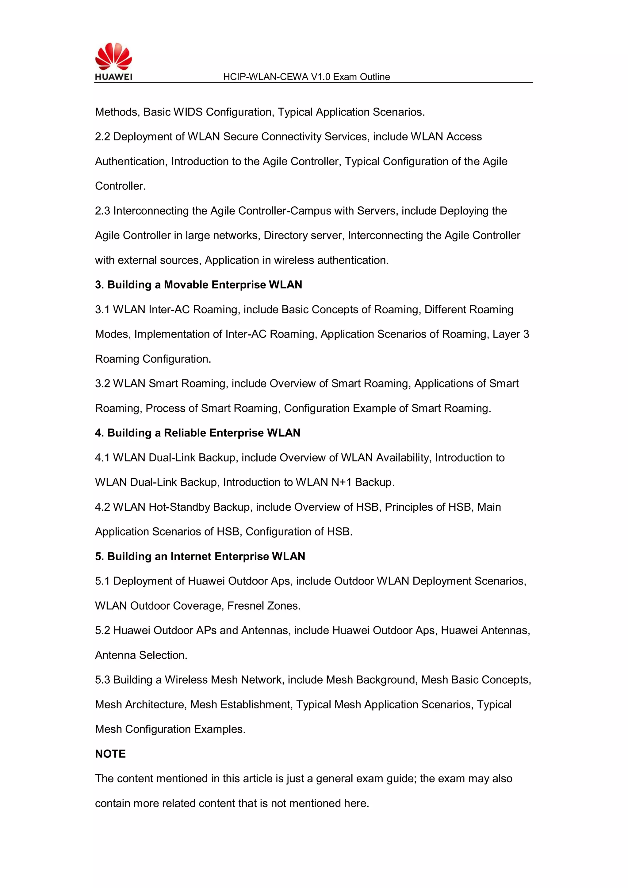Hcip wlan-cewa v1.0 exam outline | PDF
