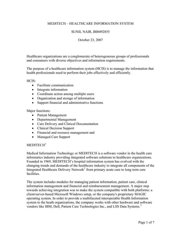 Meditech - Healthcare Information System - Sunil Nair Health Informatics Dalhousie University | PDF