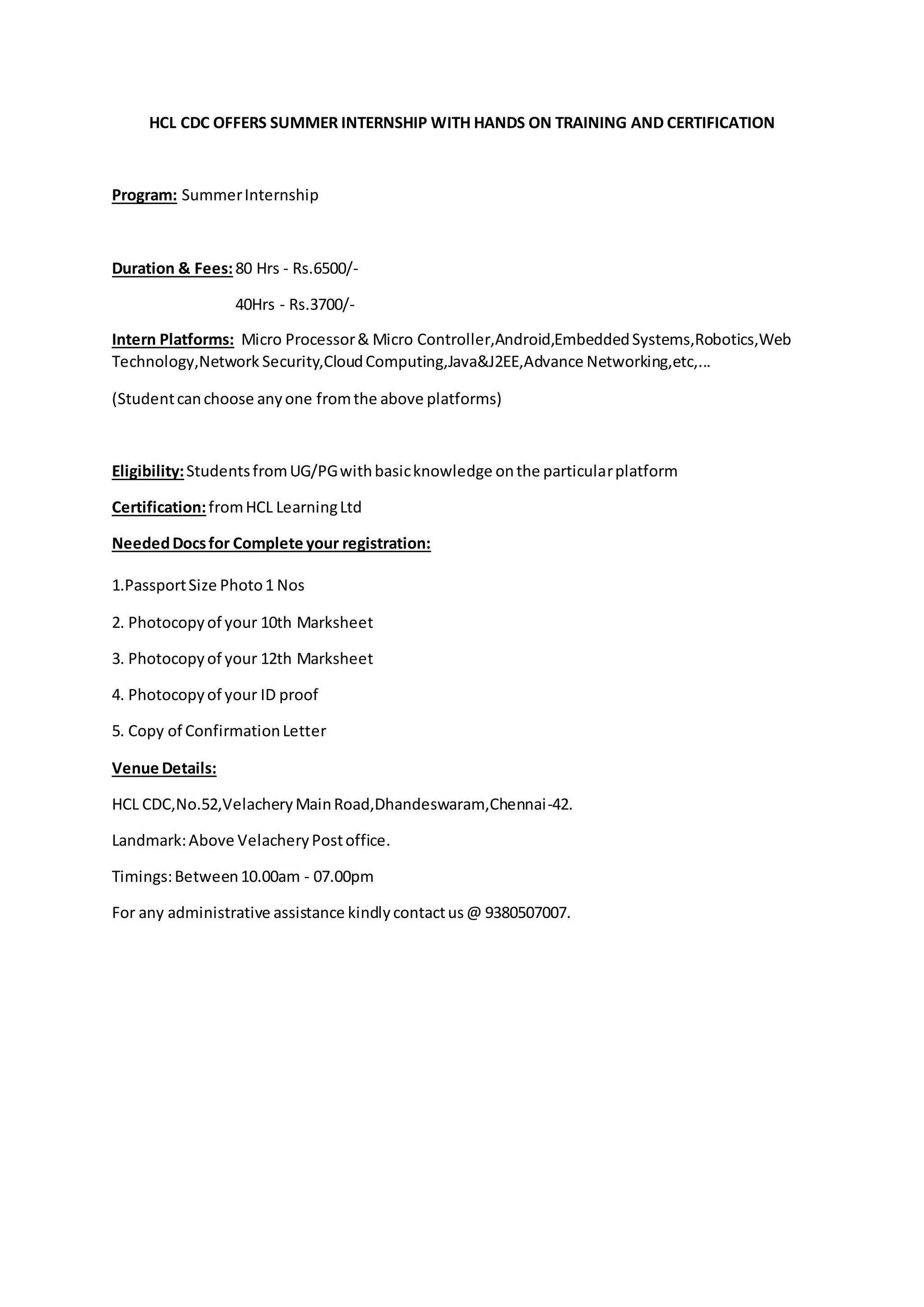 Hcl cdc offers summer internship with hands on training and certification | DOCX