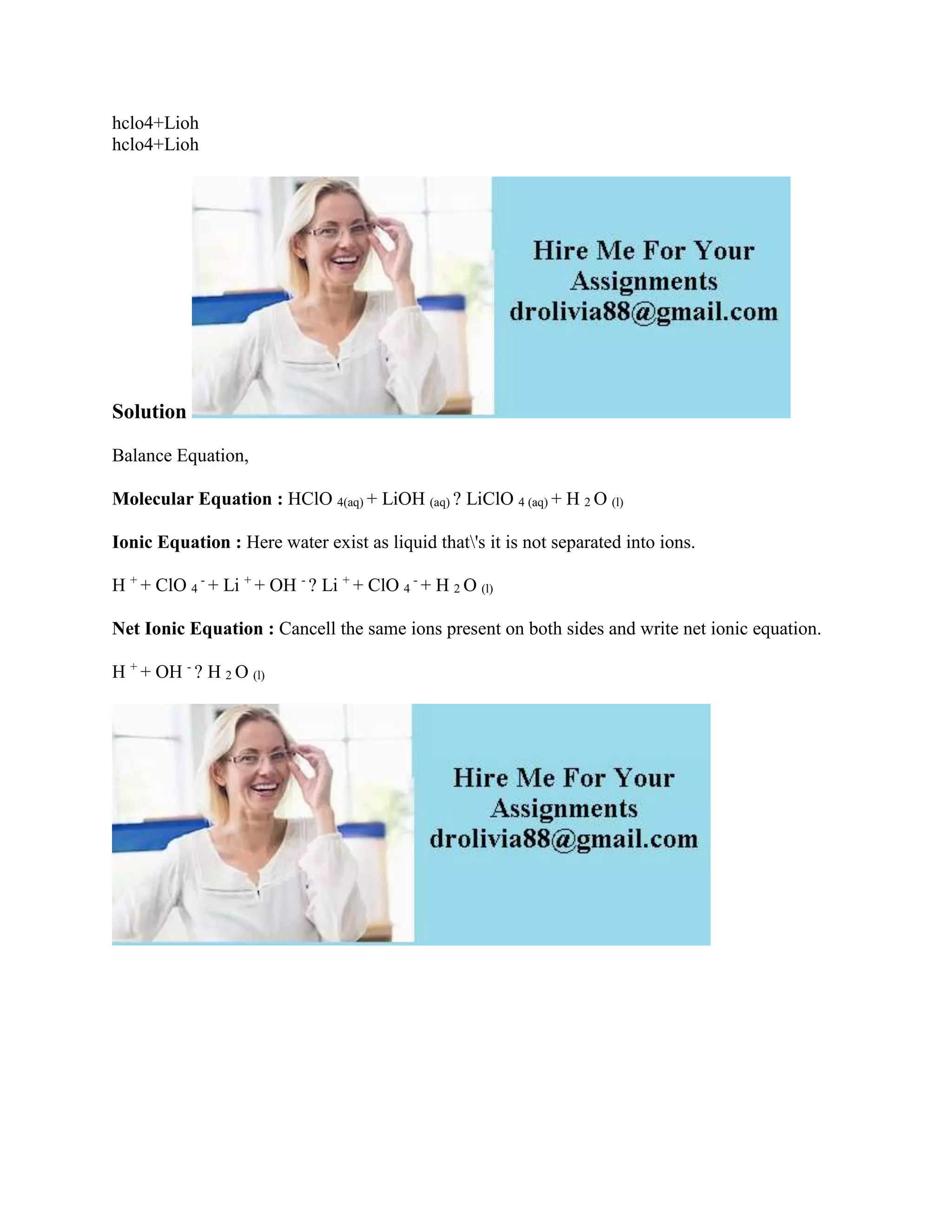 hclo4+Lioh hclo4+LiohSolutionBalance Equation- Molecular Equation -.docx