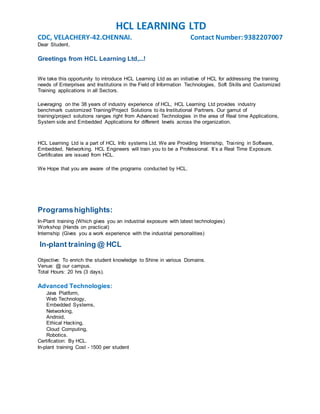 Workshop in hcl learning | DOCX | Computing | Technology & Computing