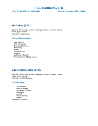 Workshop in hcl learning | DOCX