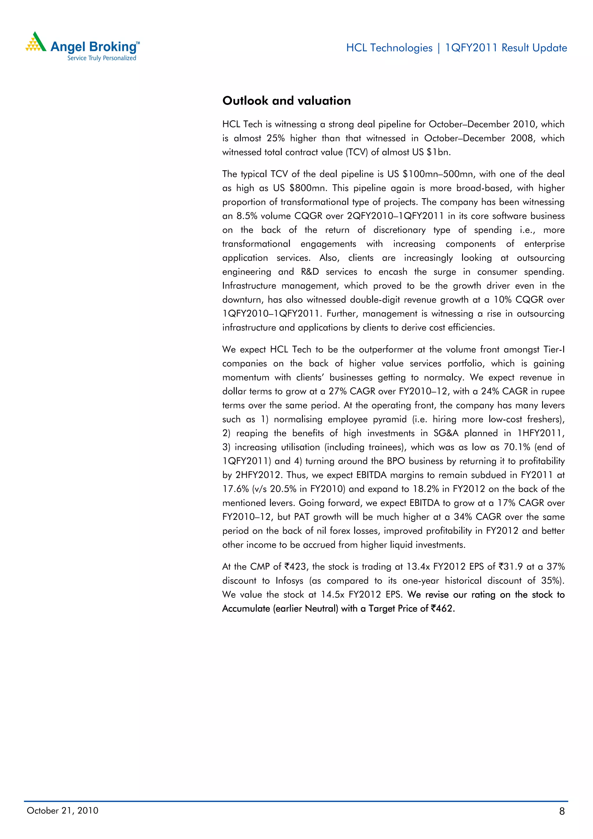 Hcl tech 1 qfy2011-211010 | PDF