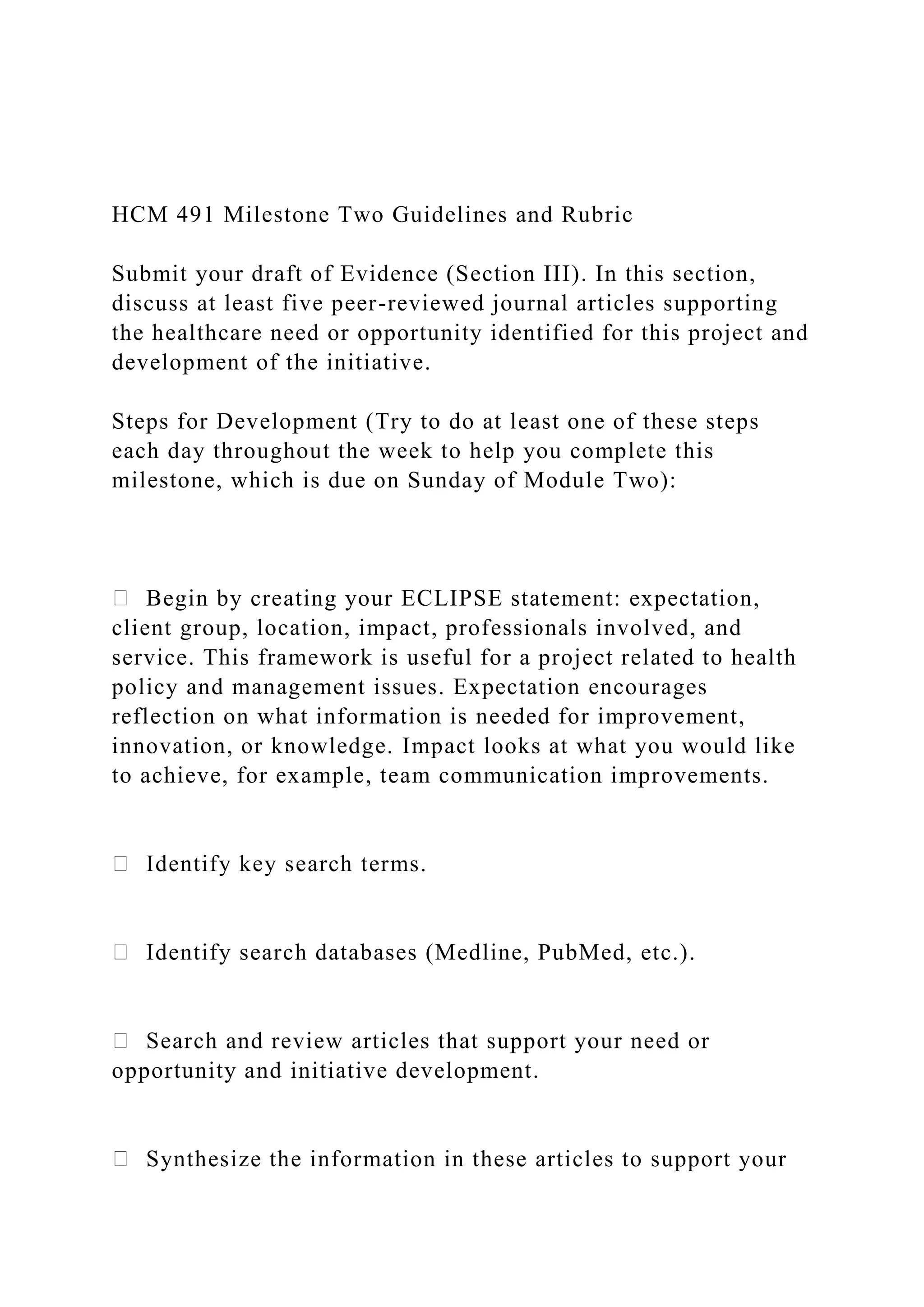 HCM 491 Milestone Two Guidelines and Rubric Submit your draf | DOCX