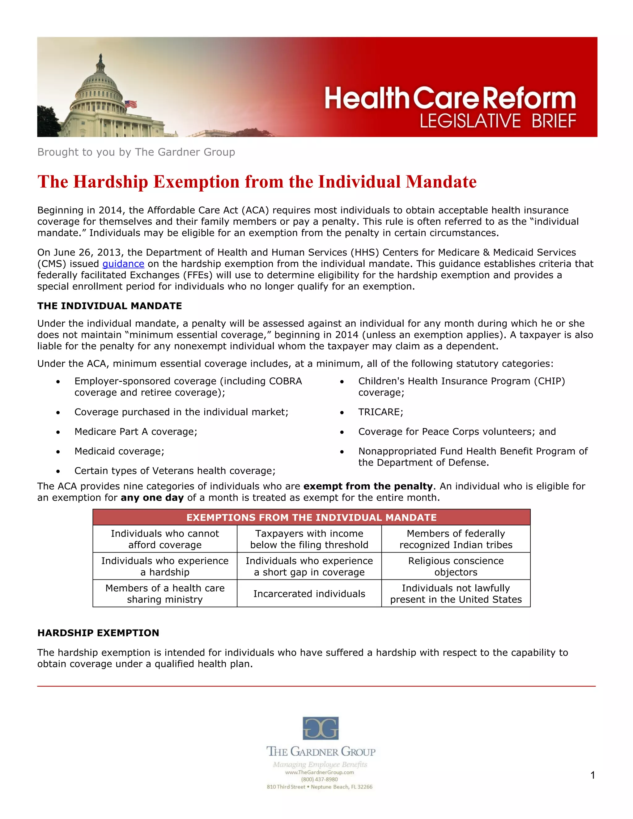 HCR Hardship Exemption From the Individual Mandate | PDF