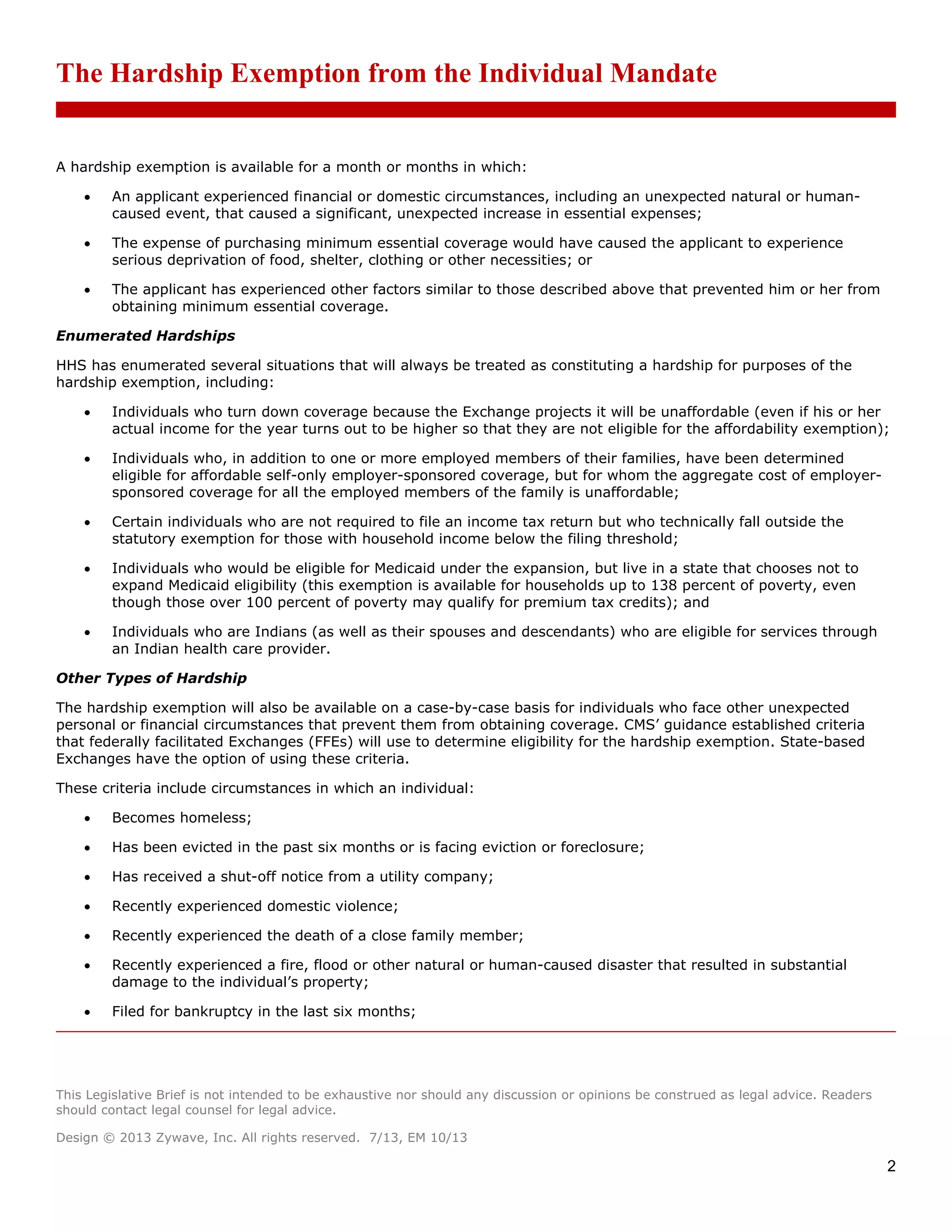 HCR Hardship Exemption From the Individual Mandate | PDF