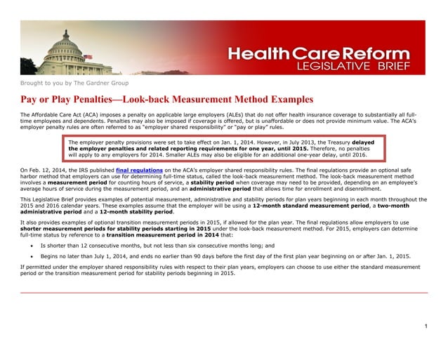 HCR Pay or Play Penalties Look-Back Measurement Method Examples | PPT