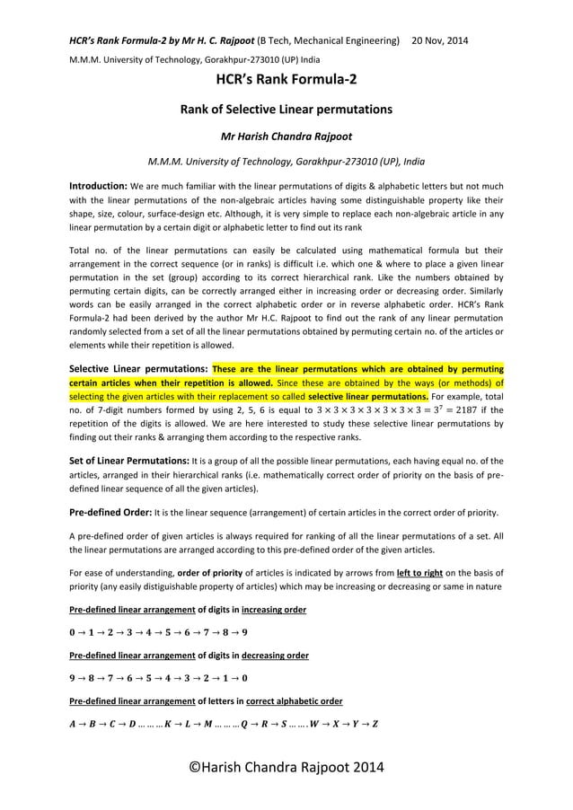HCR's Rank formula 2 (to calculate rank of any linear permutation when ...