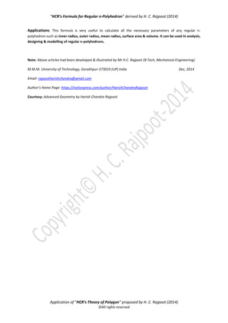 HCR's Formula for Regular n-Polyhedrons (Mathematical analysis of ...