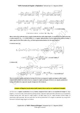 HCR's Formula for Regular n-Polyhedrons (Mathematical analysis of ...
