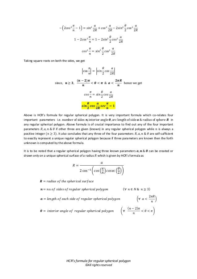 Hcr's formula for regular spherical polygon | PDF