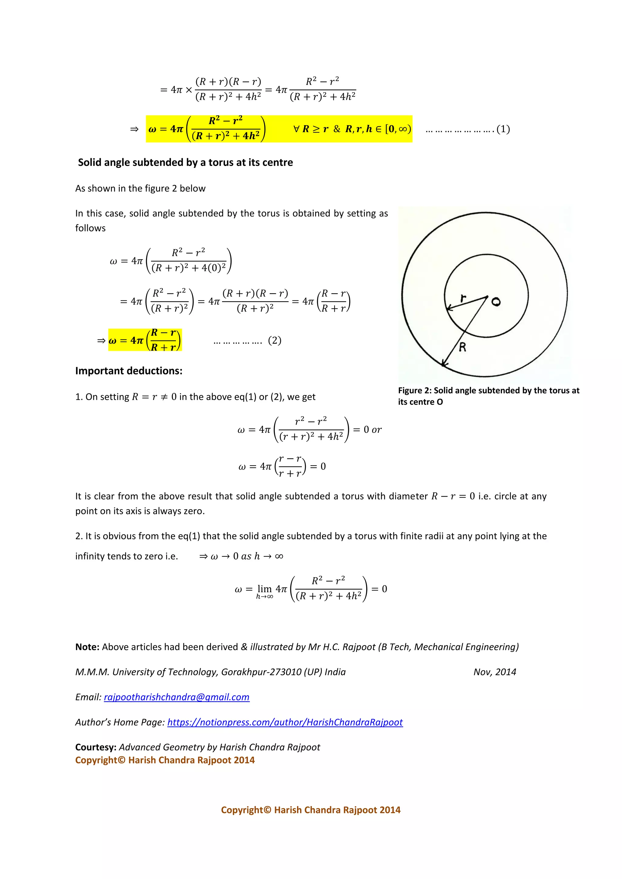 HCR's method of concentric cones (solid angle subtended by a torus at ...