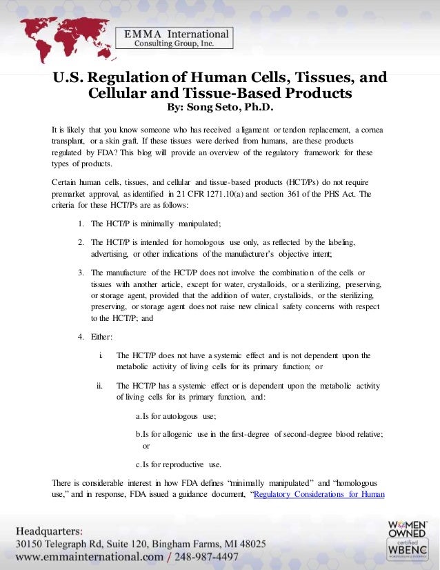 U.S. Regulation of Human Cells, Tissues, and Cellular and Tissue-Based ...