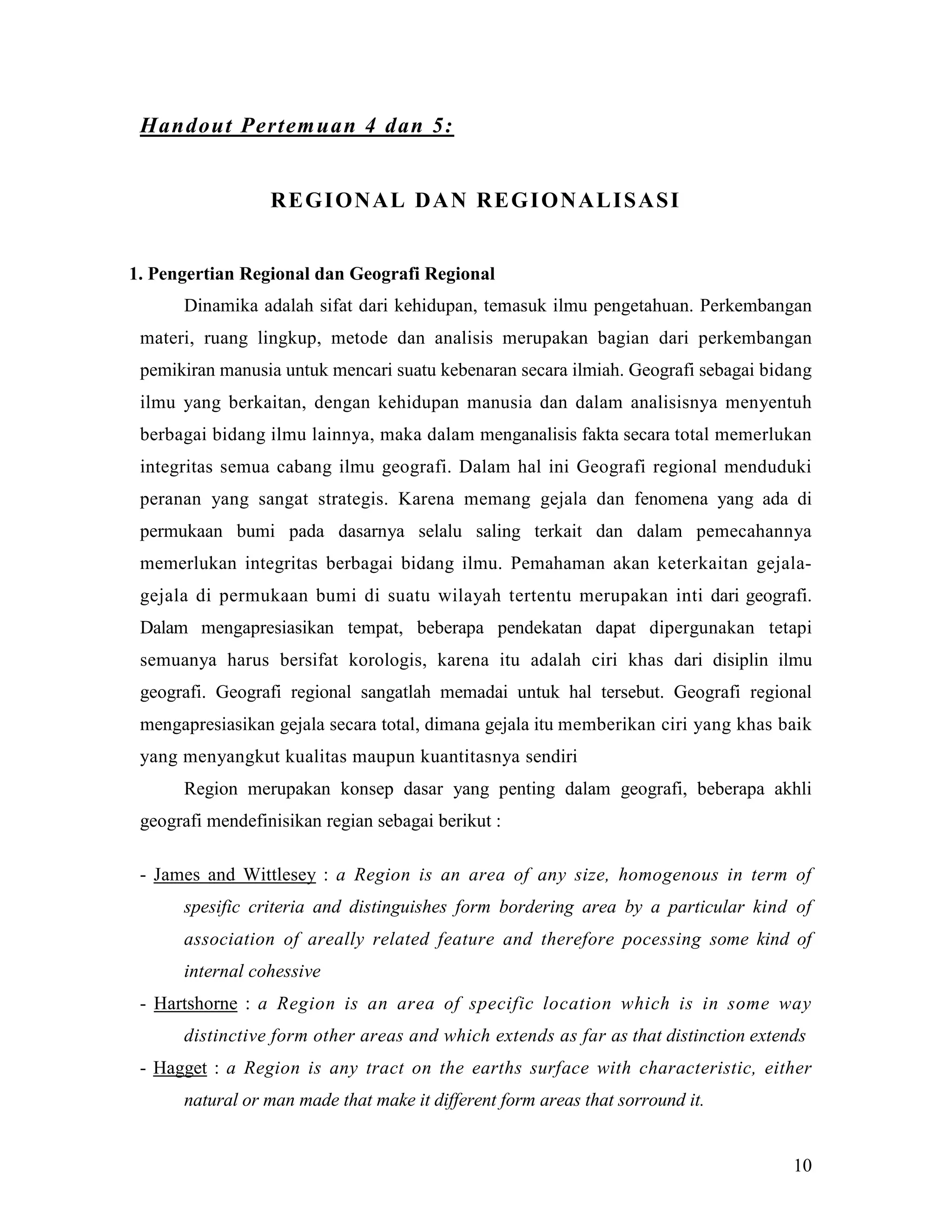 Handout pengantar geografi regional | PDF