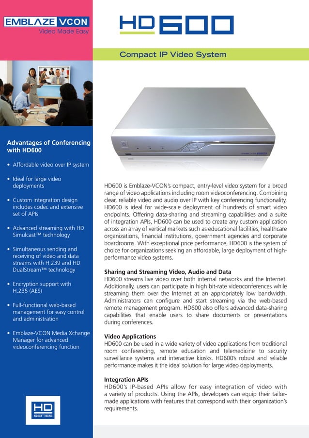 Hd 600 Datasheet | PDF | Web Conferencing | Computer Software and ...