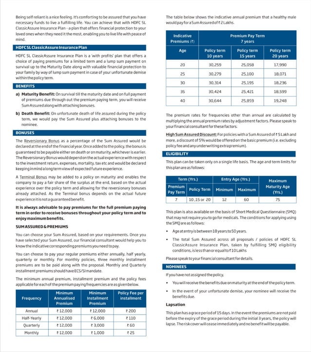 Hdfc sl classic assure-insurance-plan | PDF