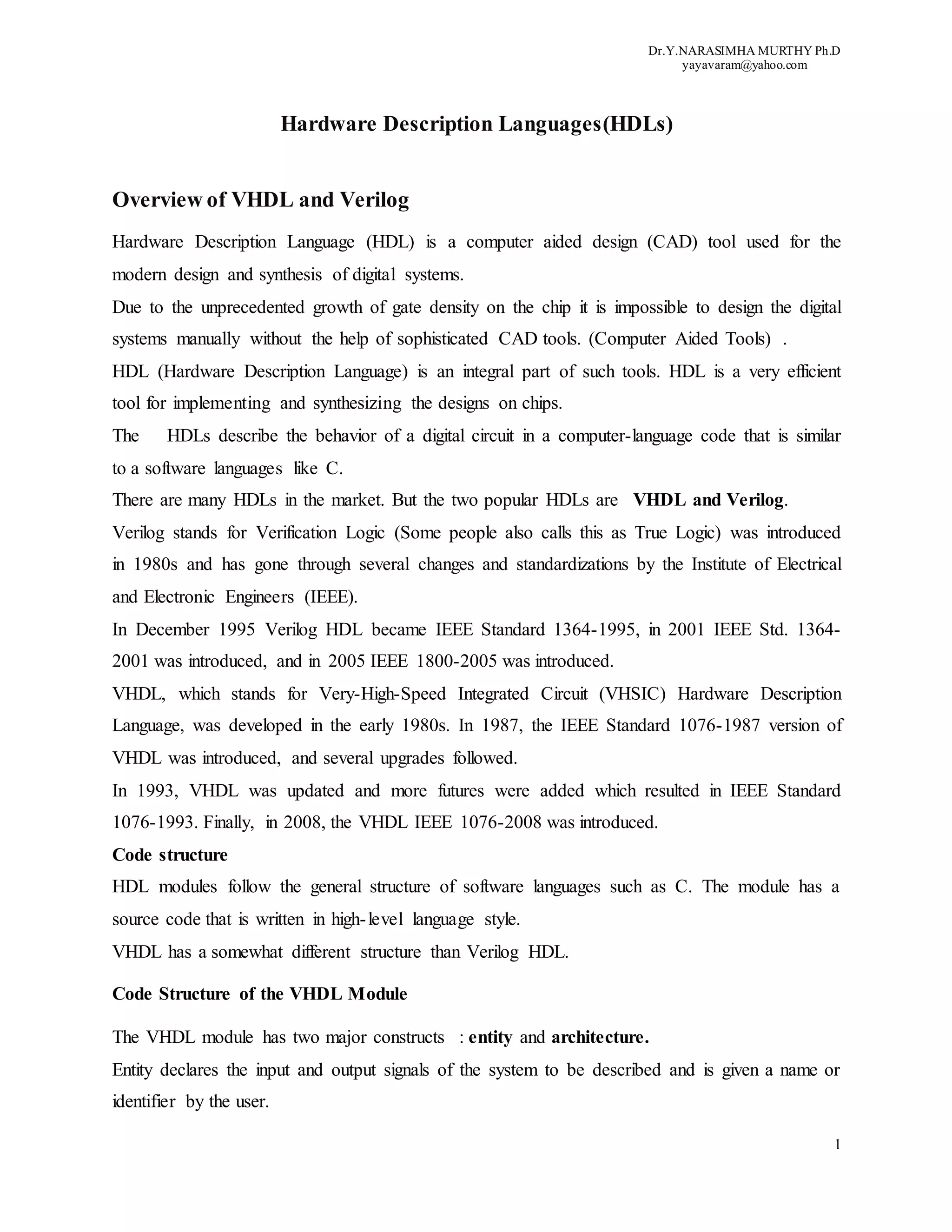 Overview Of Hardware Description Languages Hdls Pdf