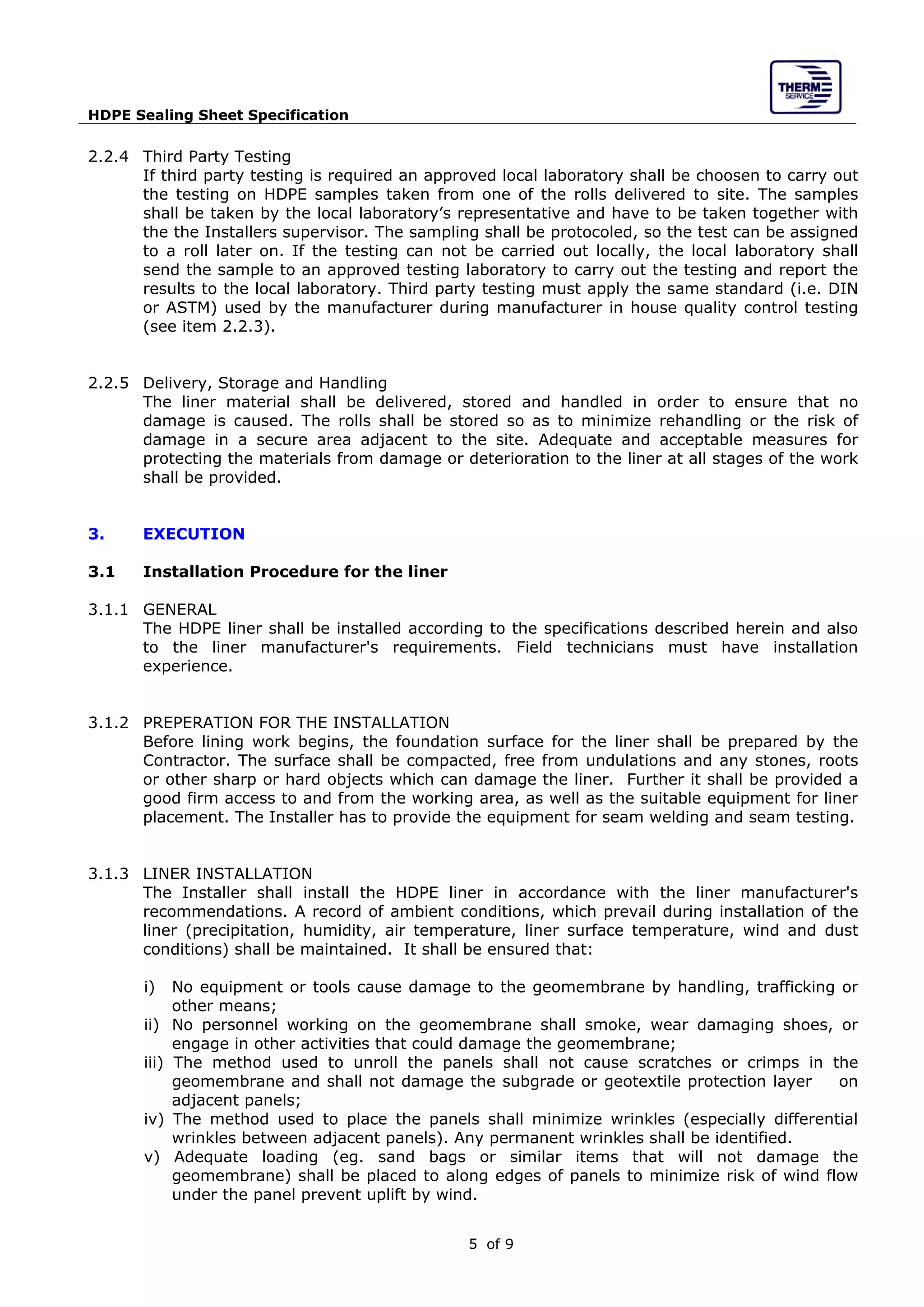 Hdpe sealing sheet specification | PDF