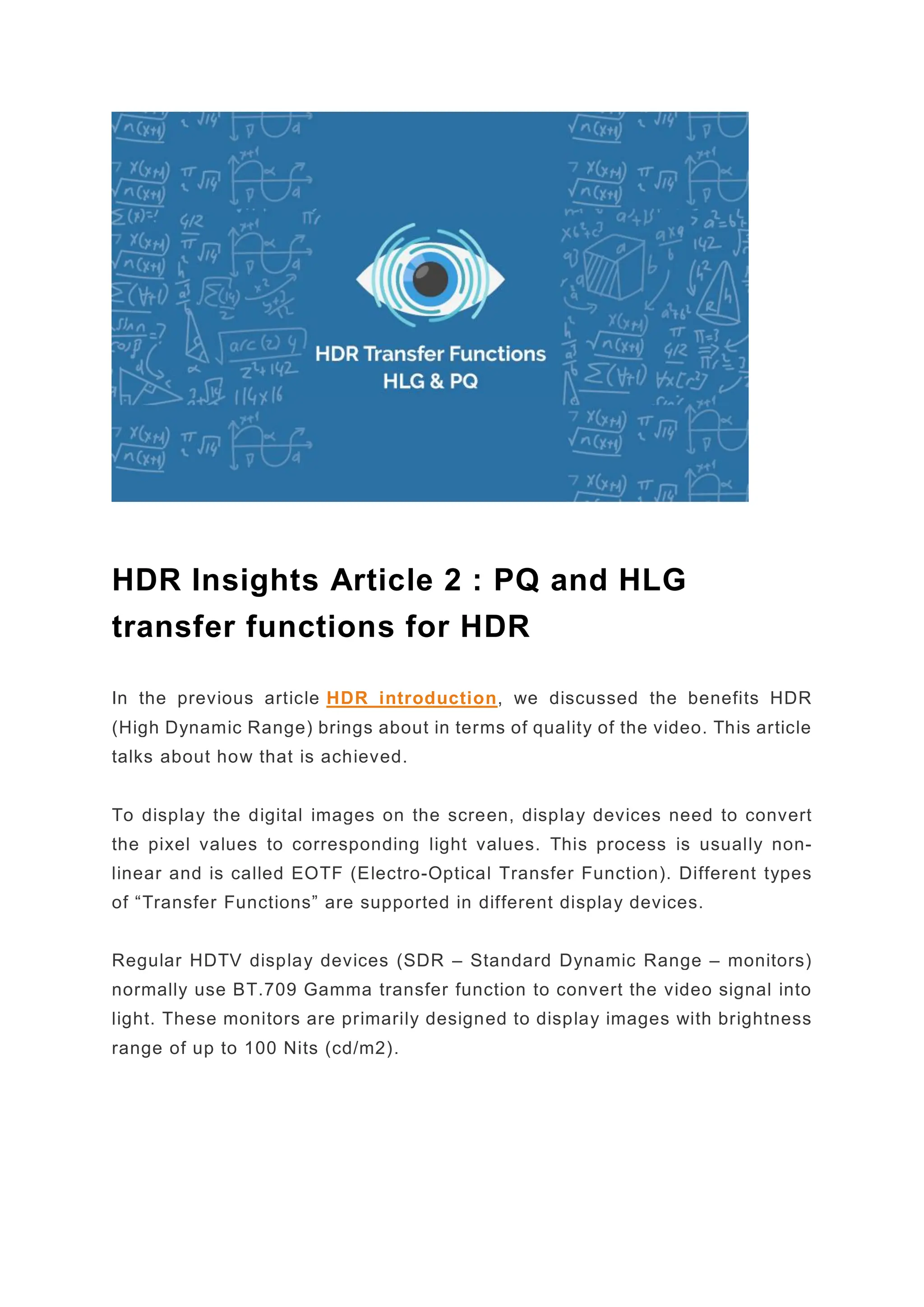 HDR Insights Article 2 : PQ and HLG transfer functions for HDR | PDF
