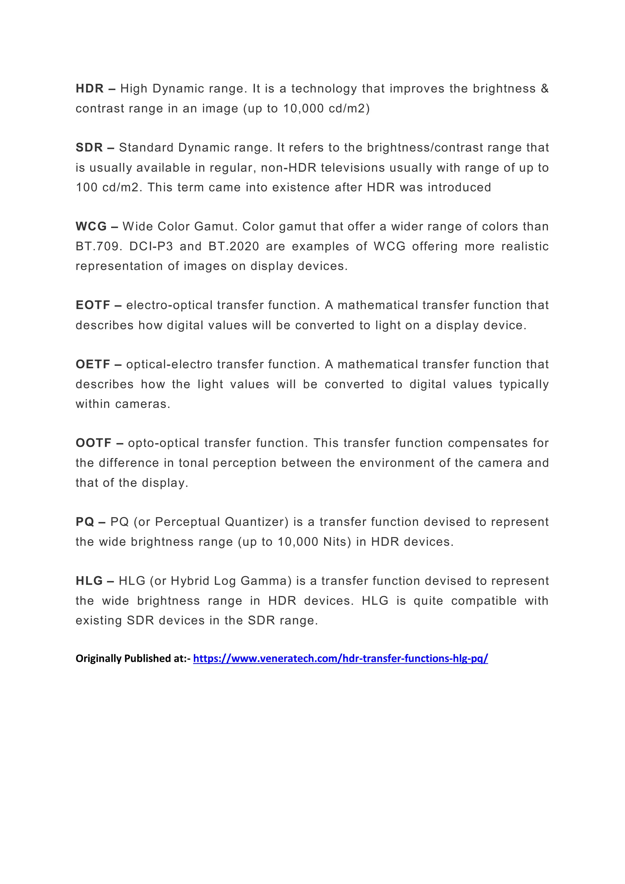 HDR Insights Article 2 : PQ and HLG transfer functions for HDR | PDF