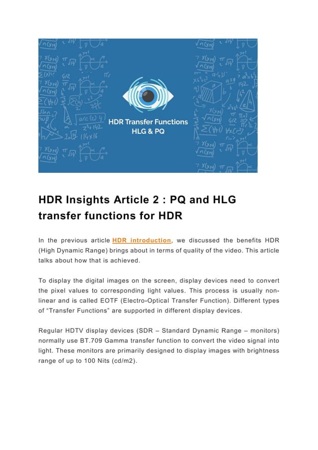 HDR Insights Article 2 : PQ and HLG transfer functions for HDR | PDF