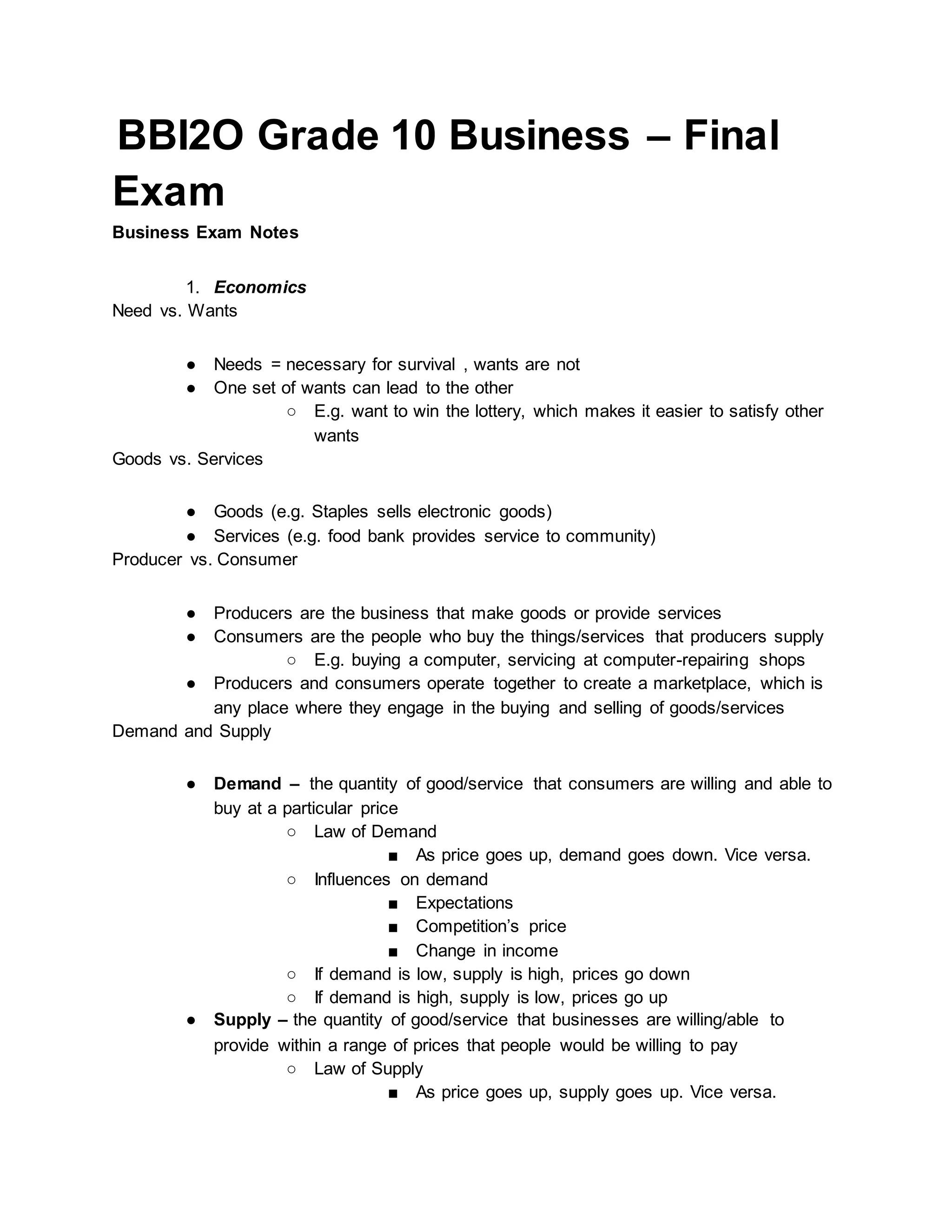 Bbi2 o grade 10 business – final exam | DOCX