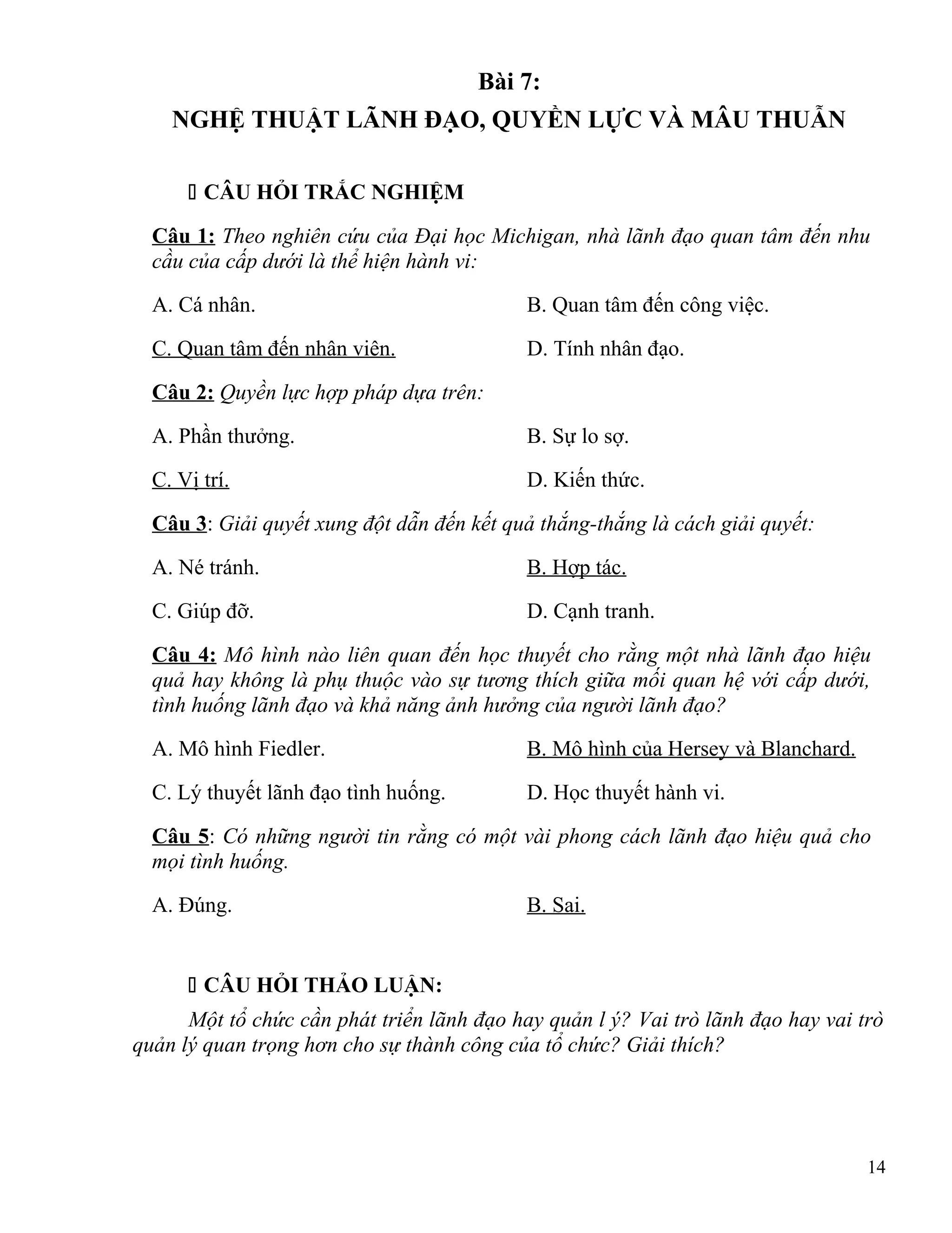 He thong-cau-hoi-trac-nghiem-va-tinh-huong-hanh-vi-to-chuc | PDF