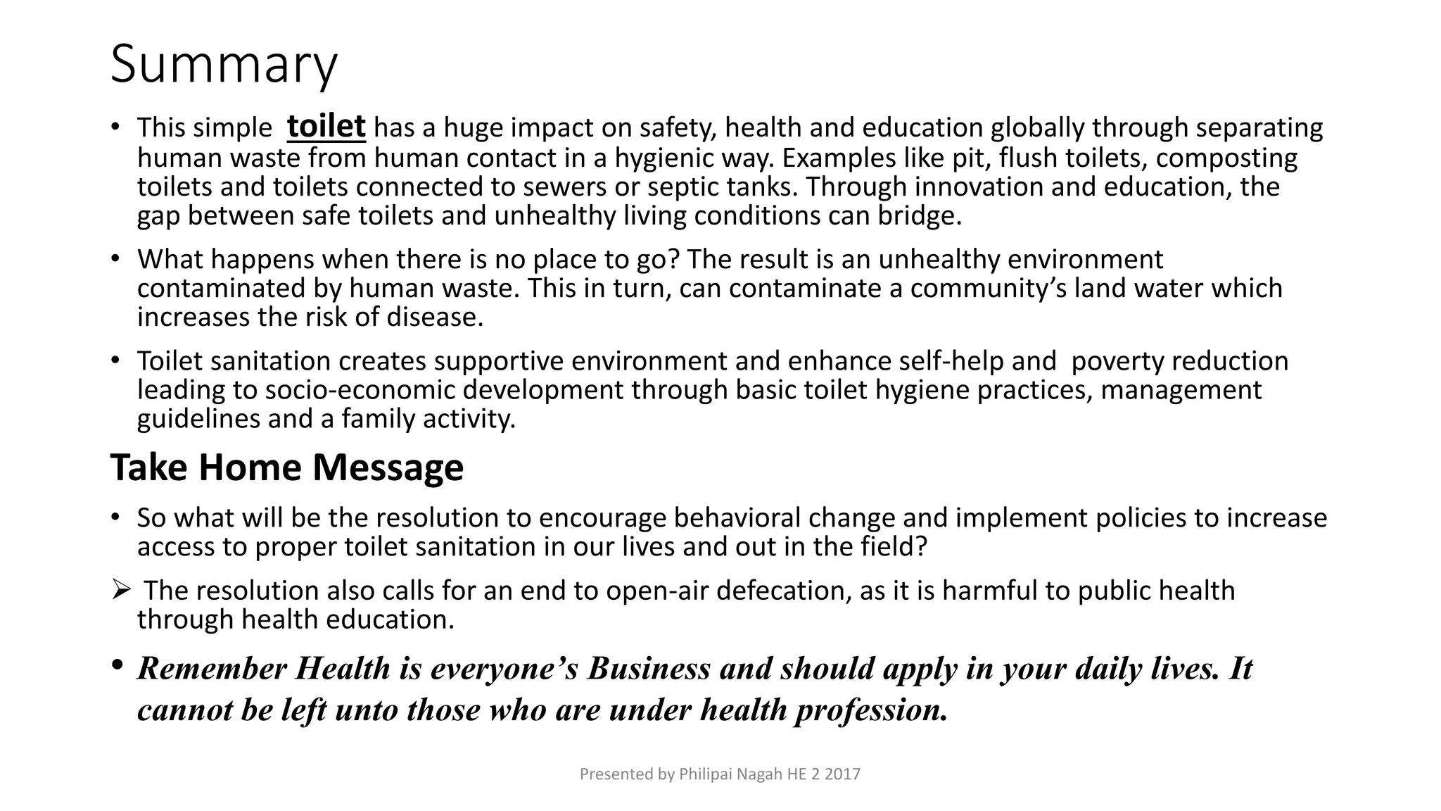 HE234 pp presentation sanitation-Toilet Hygiene Sanitation | PPTX