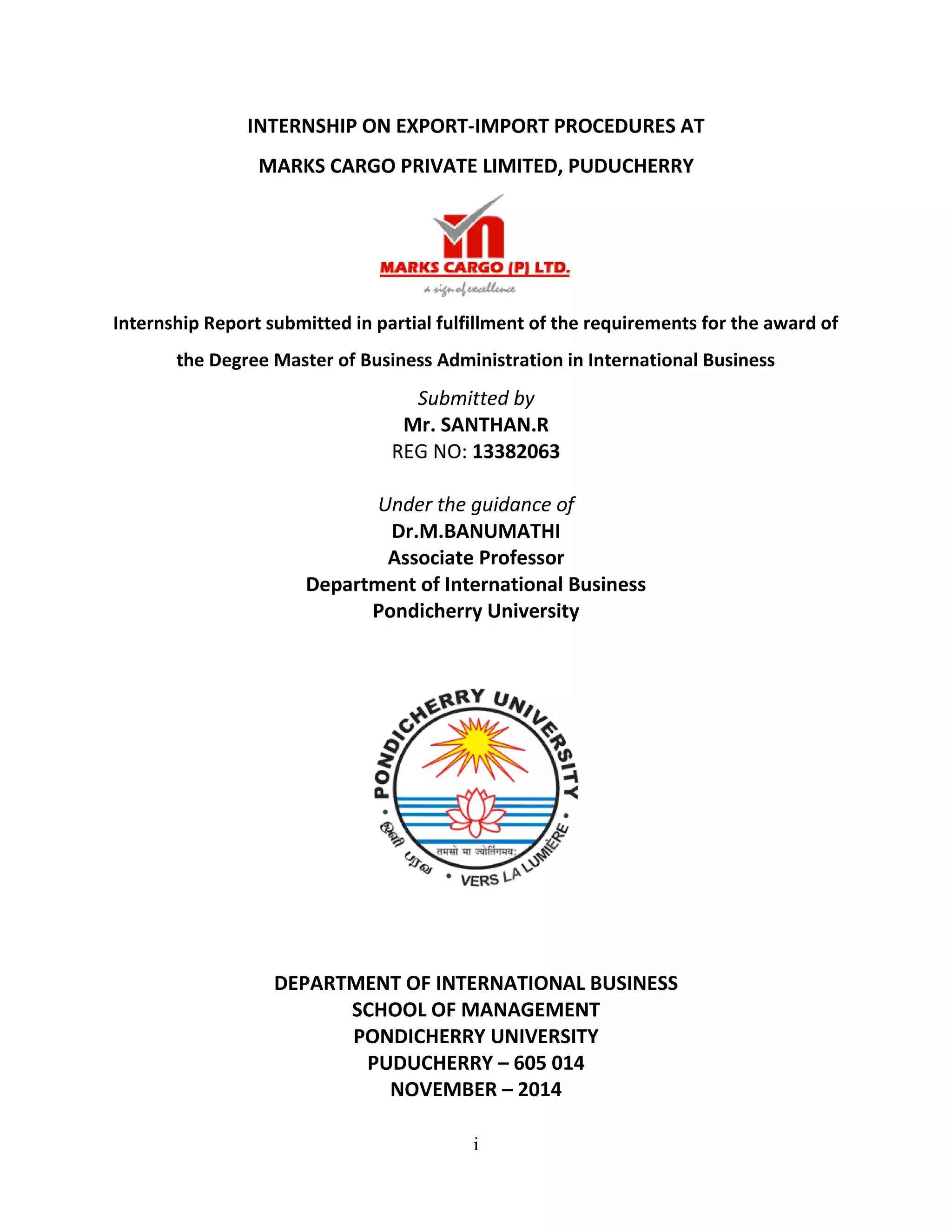 INTERNSHIP ON EXPORT-IMPORT PROCEDURES AT MARKS CARGO PRIVATE LIMITED ...