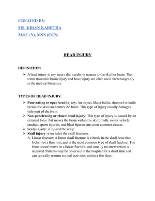 HEAD INJURY (1).pdf FOR NURSING STUDENTS CREATED BY KIRAN KARETHA | PDF