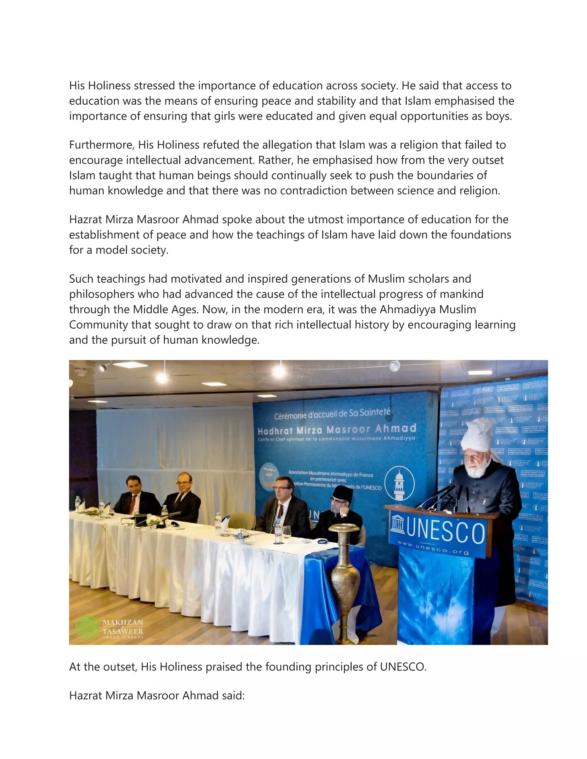 Head of ahmadiyya muslim community delivers historic address at unesco ...