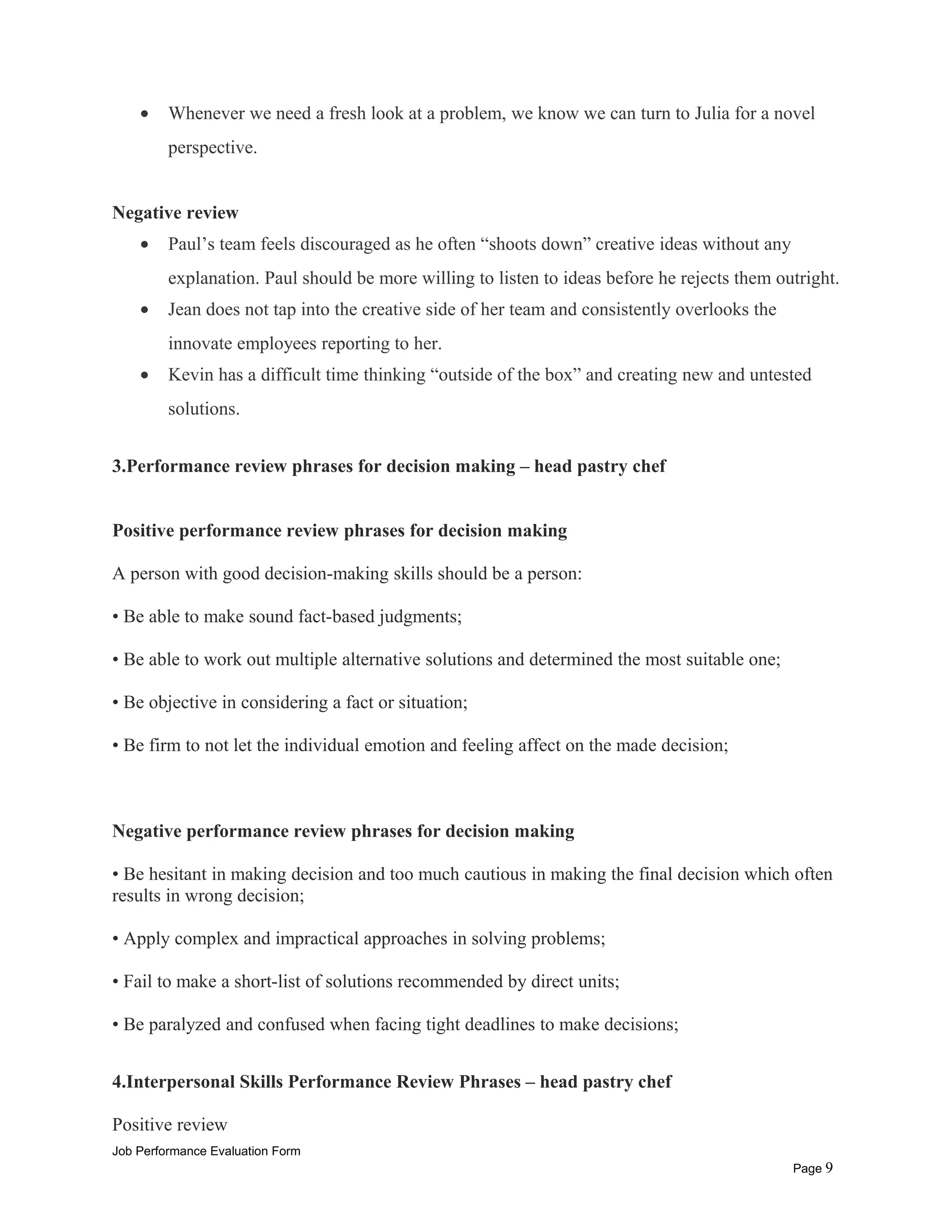 Head pastry chef performance appraisal | DOC