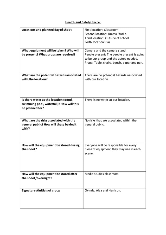 Health and safety form | DOCX