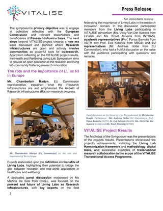 VITALISE Project - Press Release of 1st Health and Wellbeing Living Lab Symposium | PDF