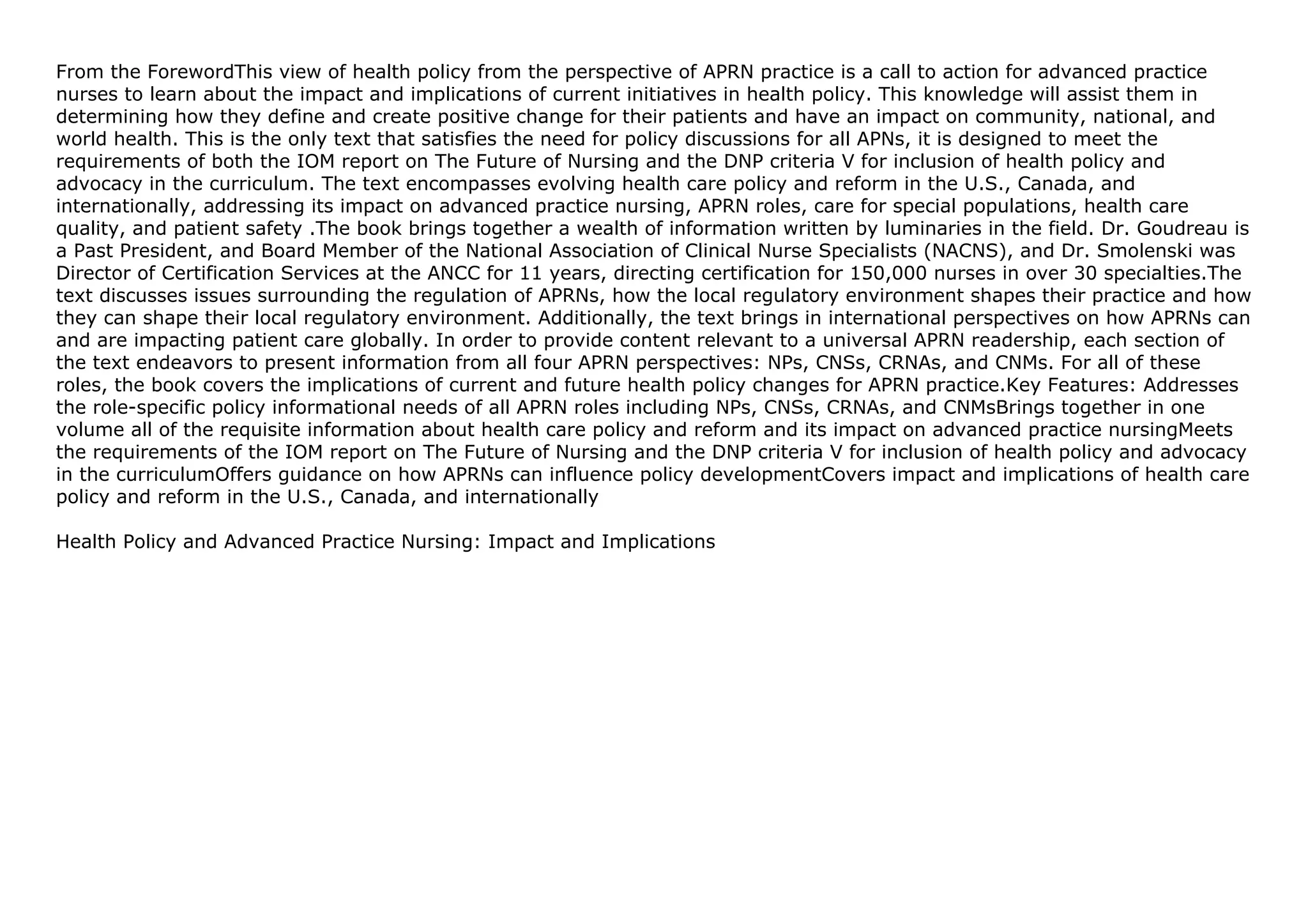 Health Policy and Advanced Practice Nursing: Impact and Implications | PDF