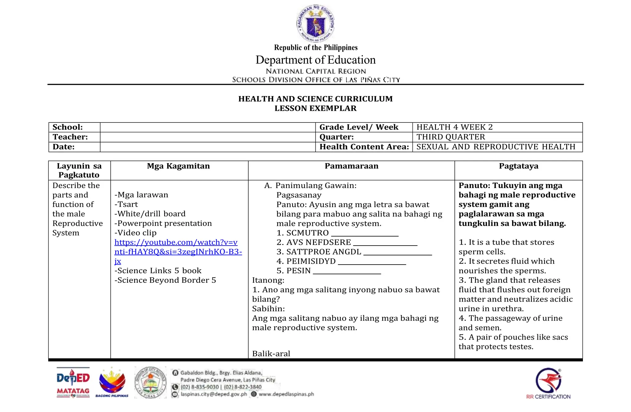 HEALTH WEEK 2 CATCH UP FRIDAY LESSON PLAN | DOCX