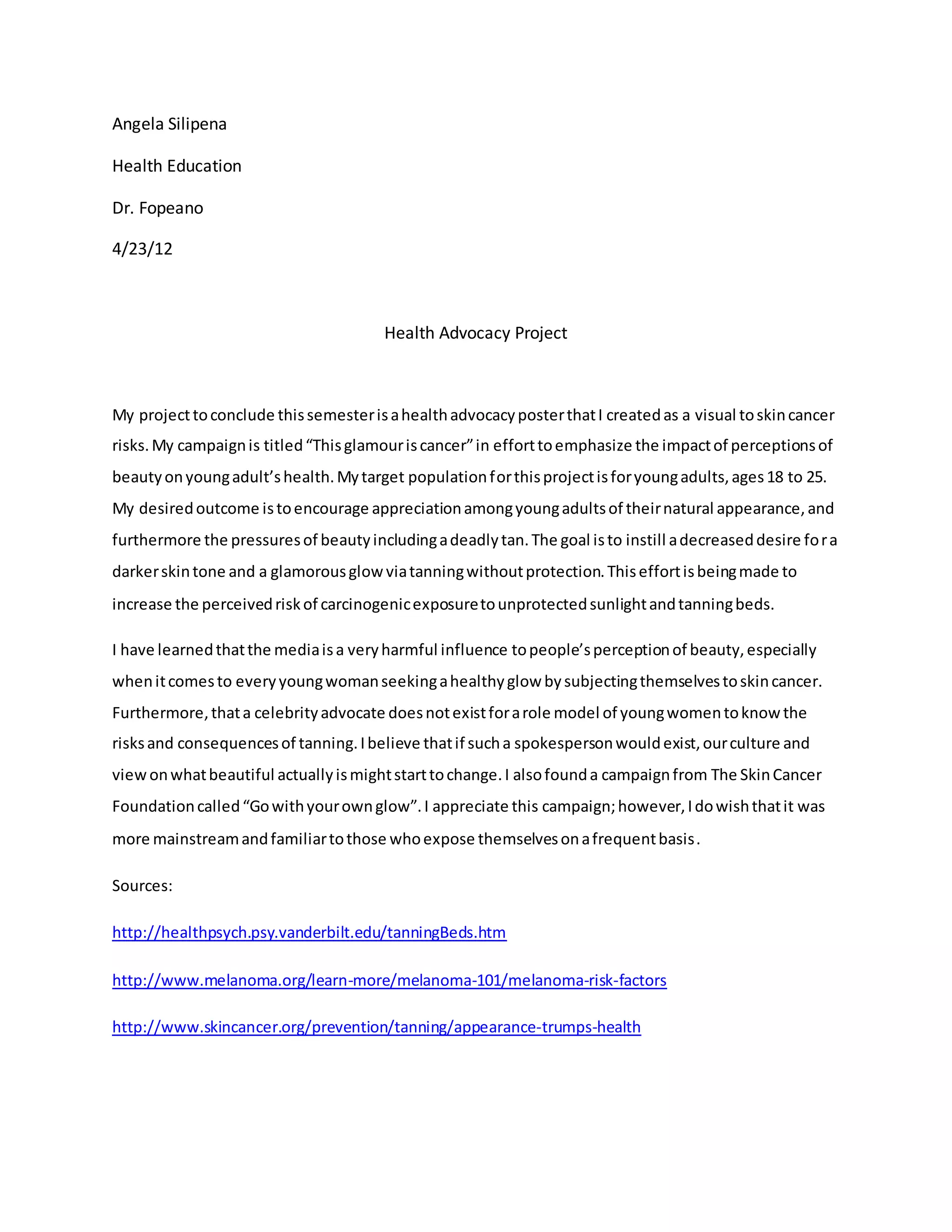 Health advocacy project write up | DOCX