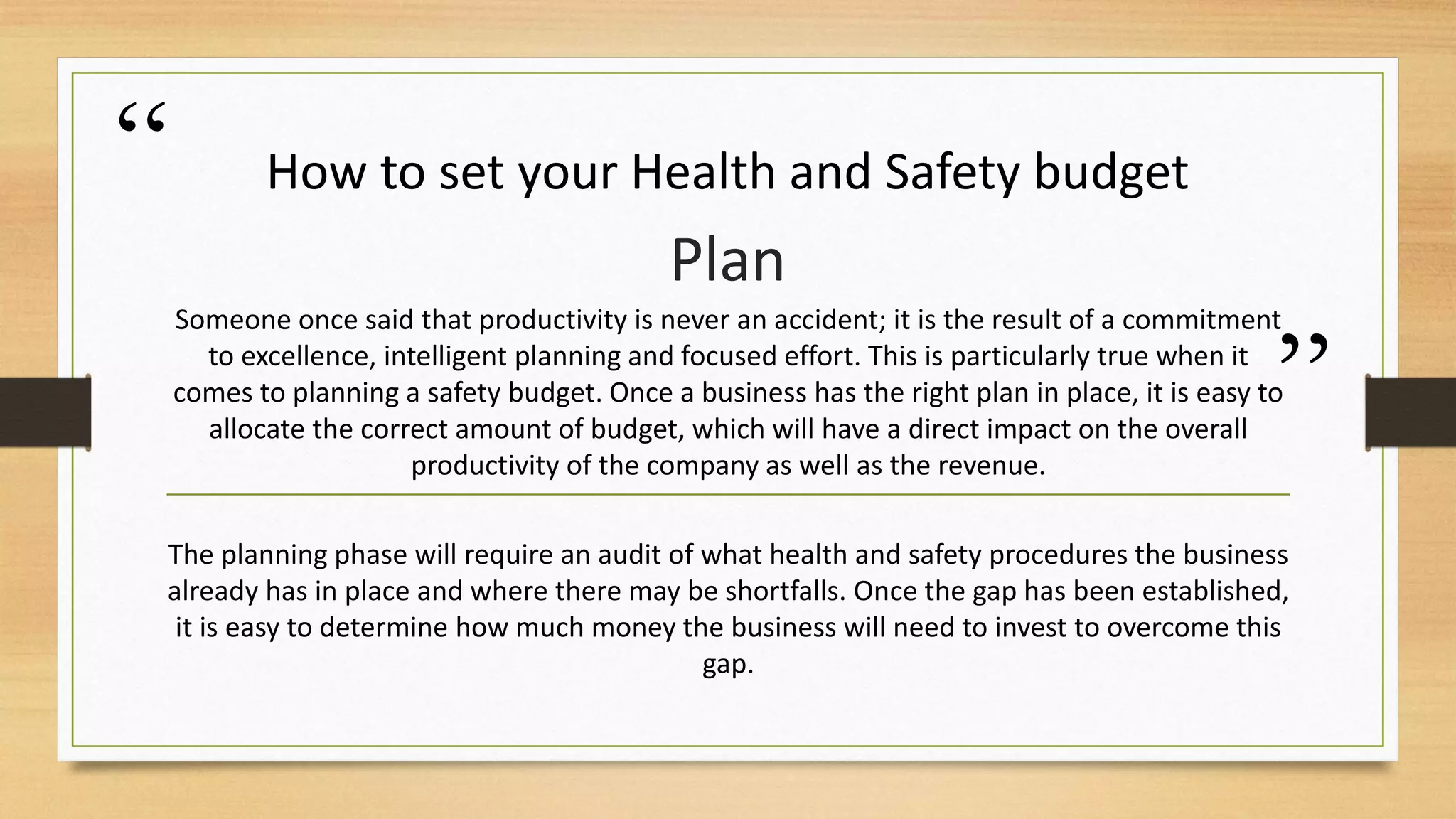 Health and safety in the workplace: Safety Budget | PDF