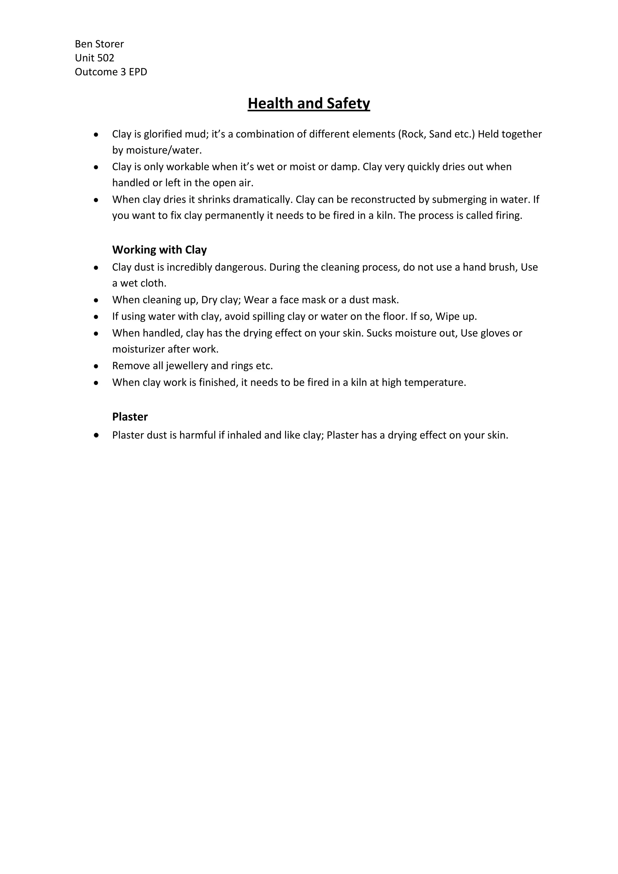 Health and safety on clay and plaster | DOCX | Woodworking | Arts and ...