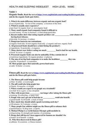 Health and sleeping webquest high level | PDF