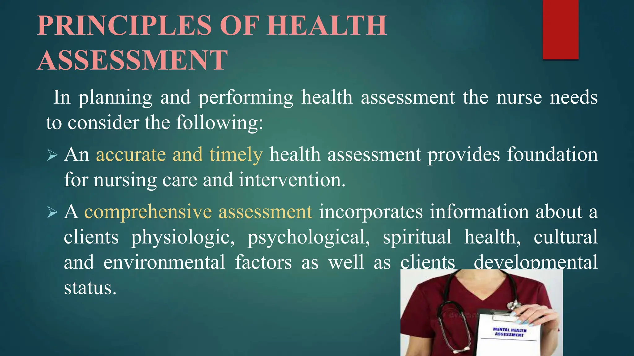 HEALTH ASSESSMENT TYPES,PURPOSES,PRINCIPLES | PPTX