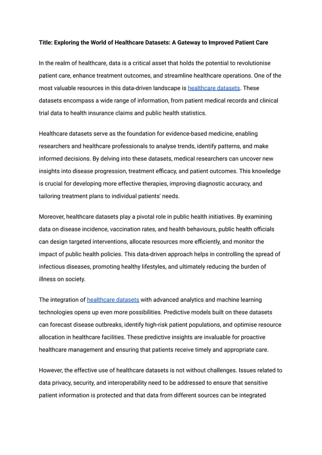 Exploring the World of Healthcare Datasets: A Gateway to Improved ...