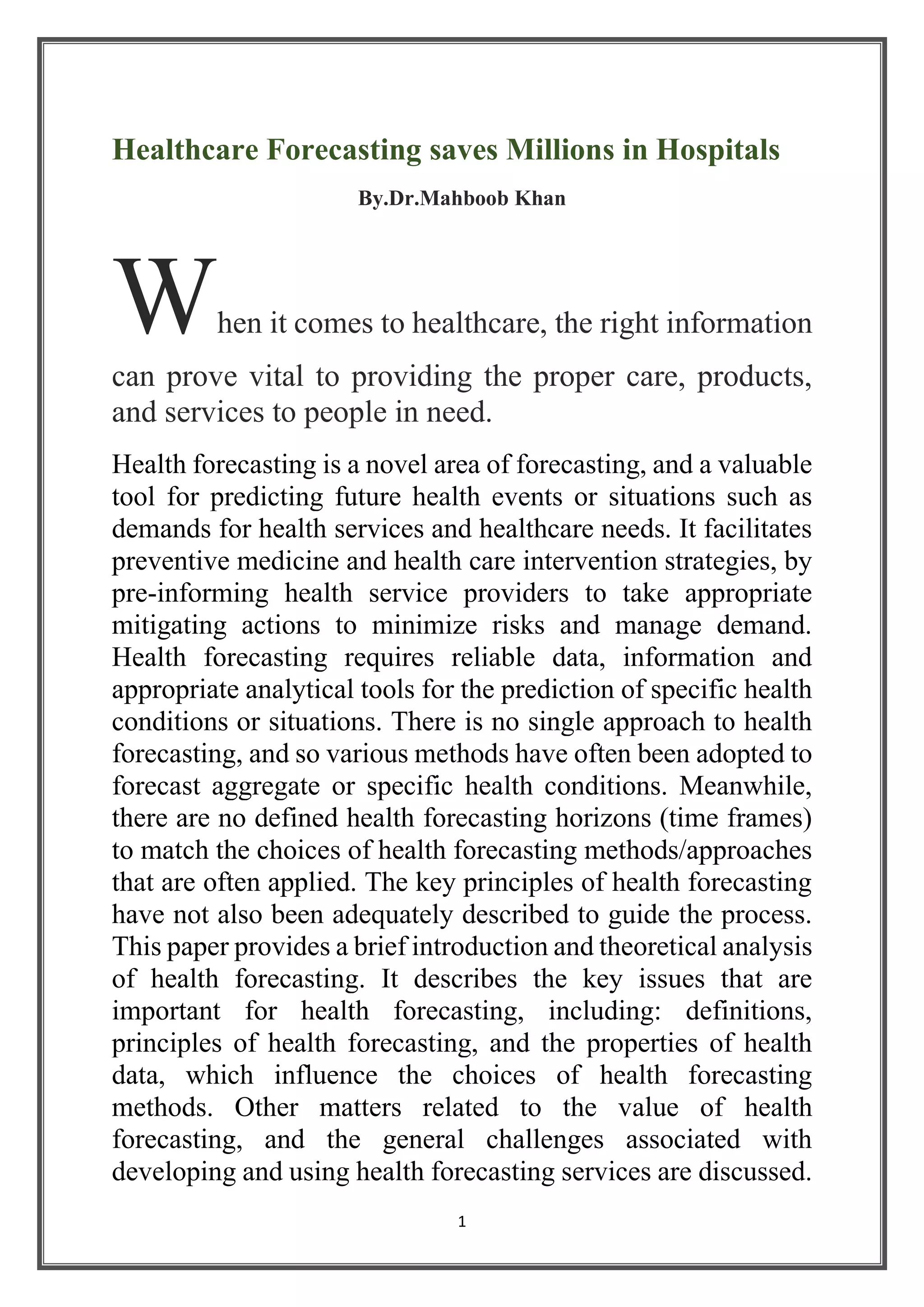 Healthcare Forecasting saves Millions in Hospitals By.Dr.Mahboob Khan | PDF